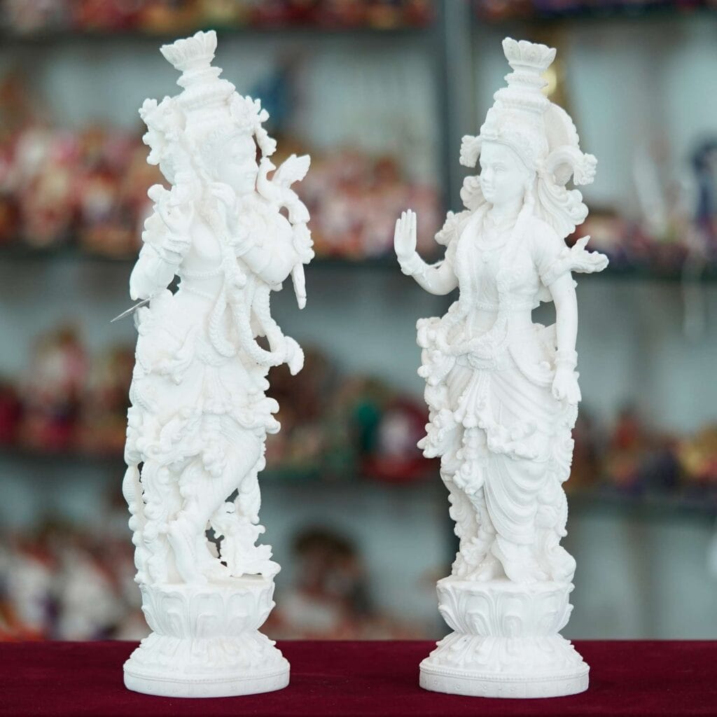 Powerful Divine White Marble Radha Krishna Standing Statues